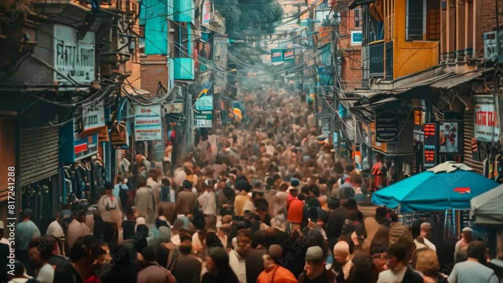 Crowd of people walking alongside tall buildings in a bustling city ...