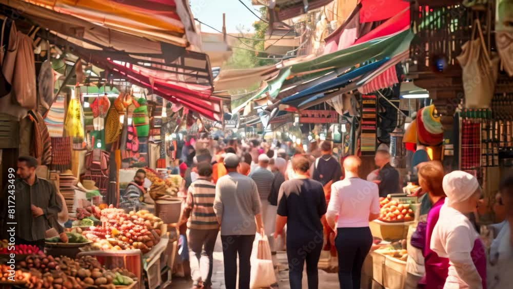 A diverse group of people walking through a bustling market street ...