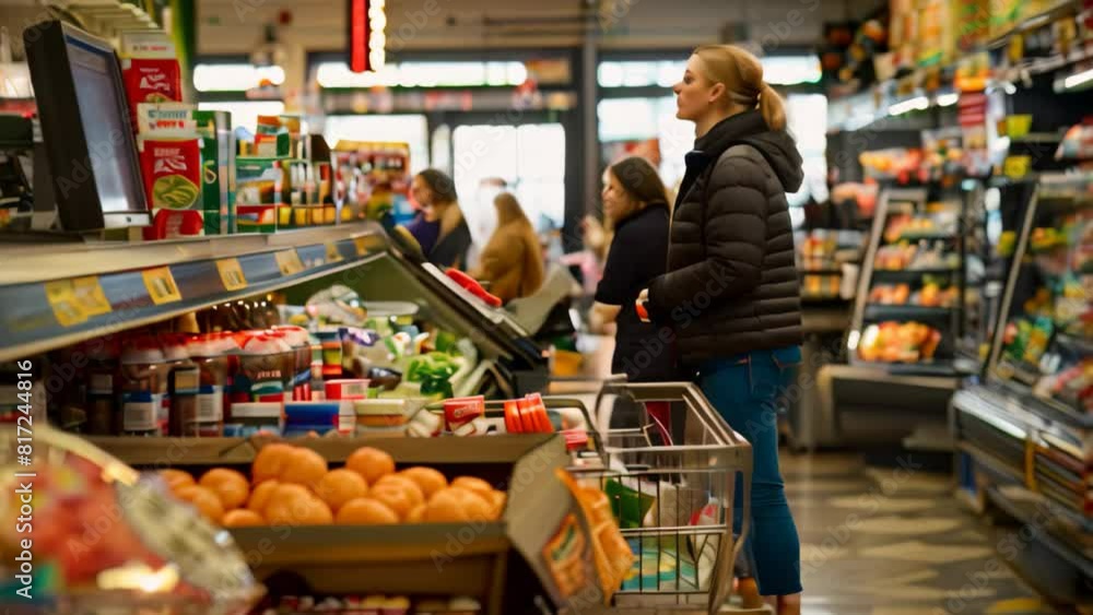 A shop bustling with customers selecting various food items while a ...