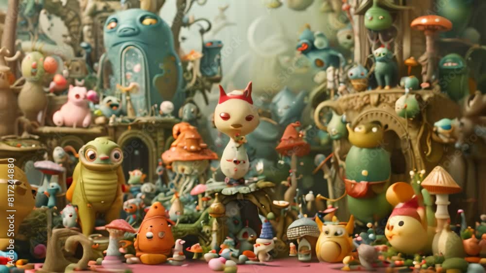 A painting depicting a variety of toys in a surreal setting, showcasing ...