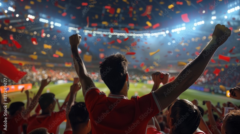 Back view of football, soccer fans cheering their team at crowded ...