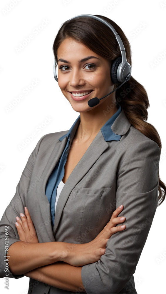 Portrait of a happy call center woman arms crossed isolated on a ...