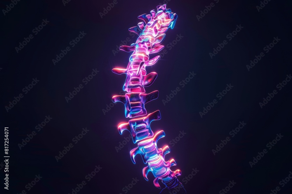 neon spine human Vertebra backbone glowing 3d illustration isolated on ...