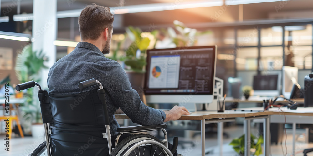 Disabled person using wheelchair in office environment. Man with ...