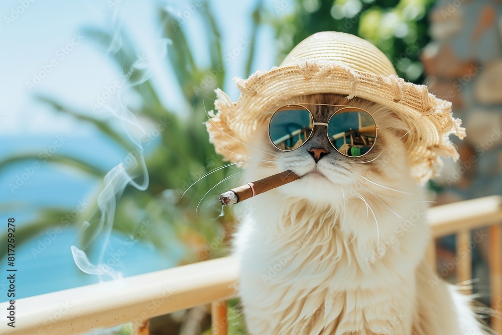 Chilled Cat in Straw Hat and Sunglasses, Smoking a Cigar, Mediterranean ...