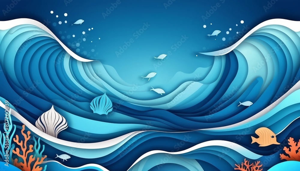 World Ocean day header template, blue waves paper cut style. Vector ...