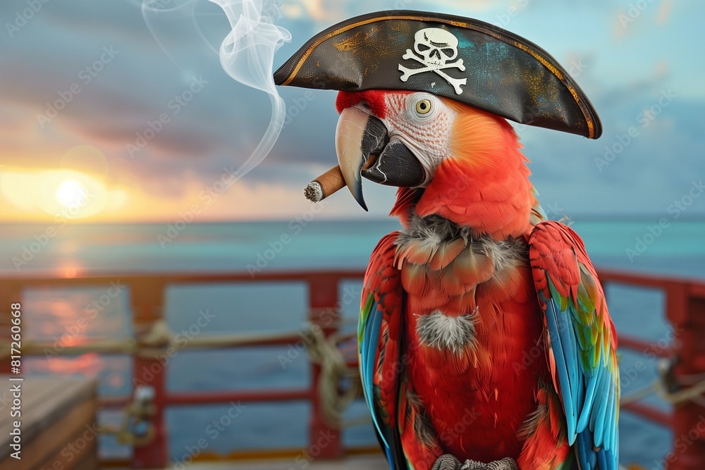 Eccentric Parrot in Pirate Hat and Monocle, Puffing a Cigar, Ship's ...
