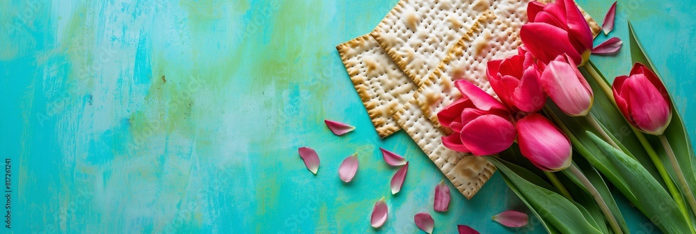 A top view of matzah crackers with pink tulips spread over a blue ...