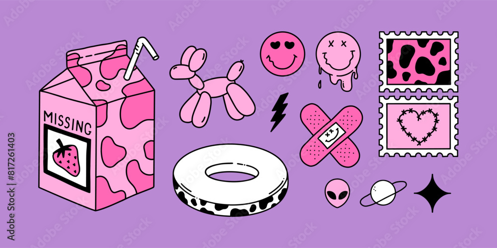 Y2K color Hand Drawn vector set. Pink and purple collection of elements ...
