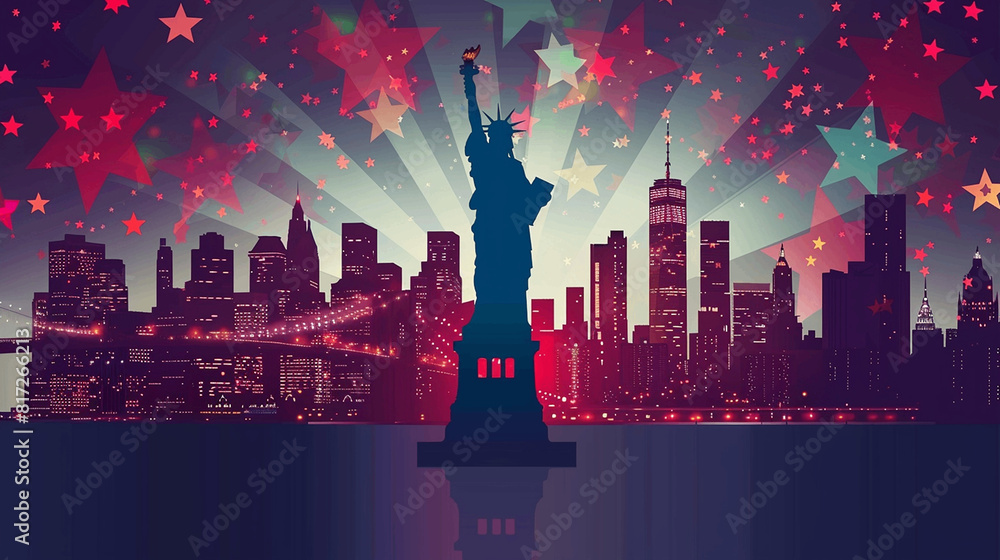 New York City skyline with the Statue of Liberty silhouette in front ...
