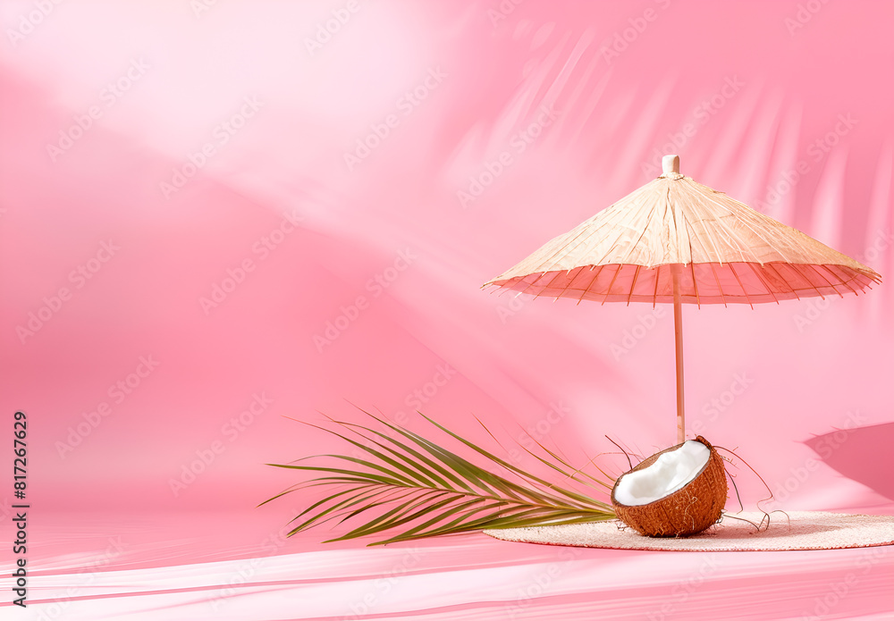 Exotic Summer: Coconut with Sun Umbrella on Playful Pink Background ...