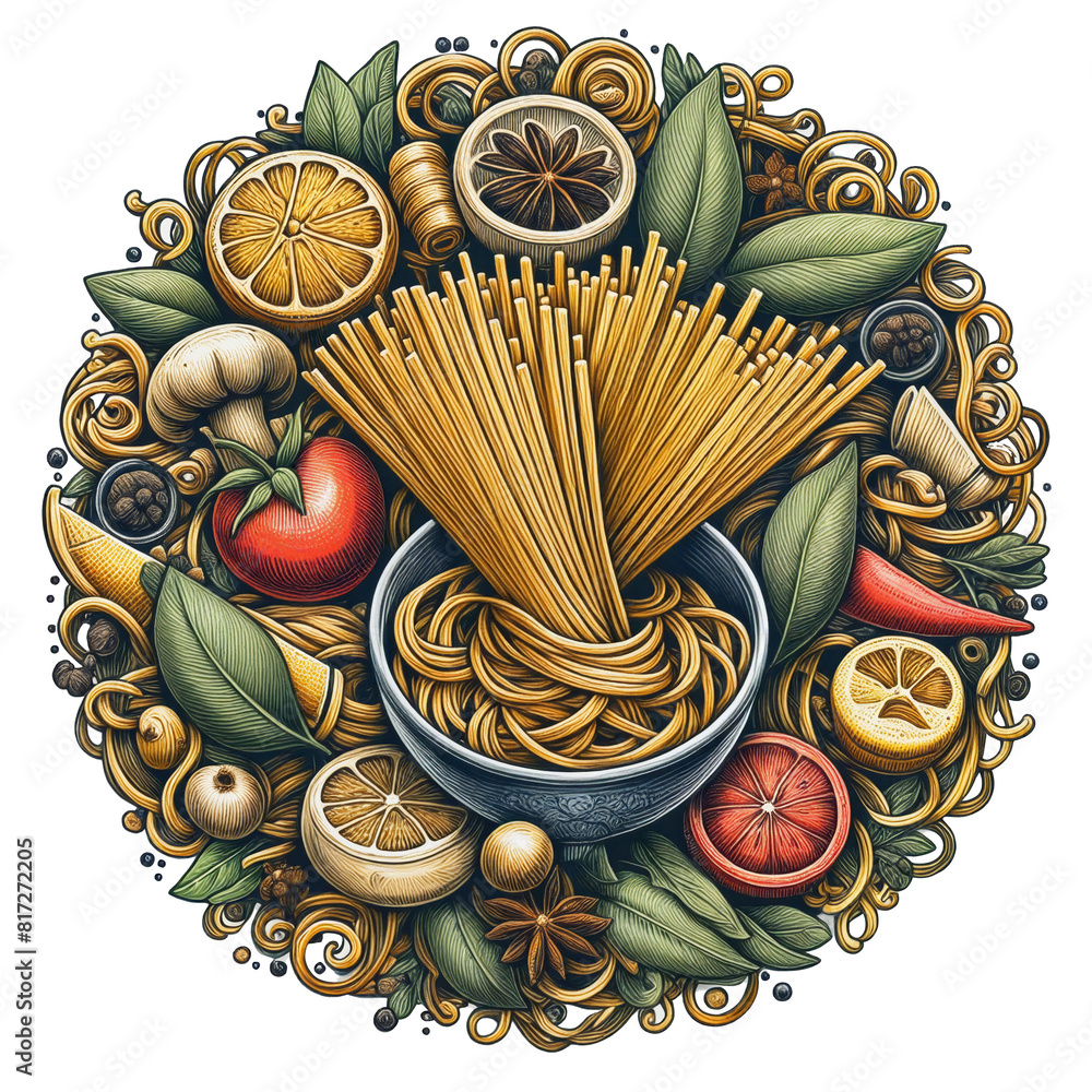 Culinary Abundance in Spaghetti Pasta and Spices Cornucopia - Isolated ...