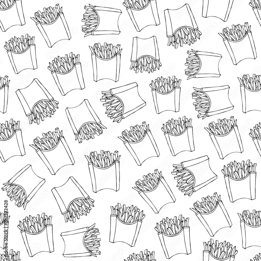 Seamless background with fast food, patterns with packages of French ...