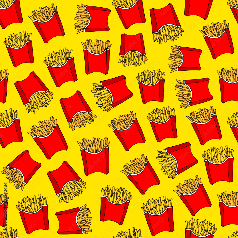 Seamless background with fast food, patterns with packages of French ...