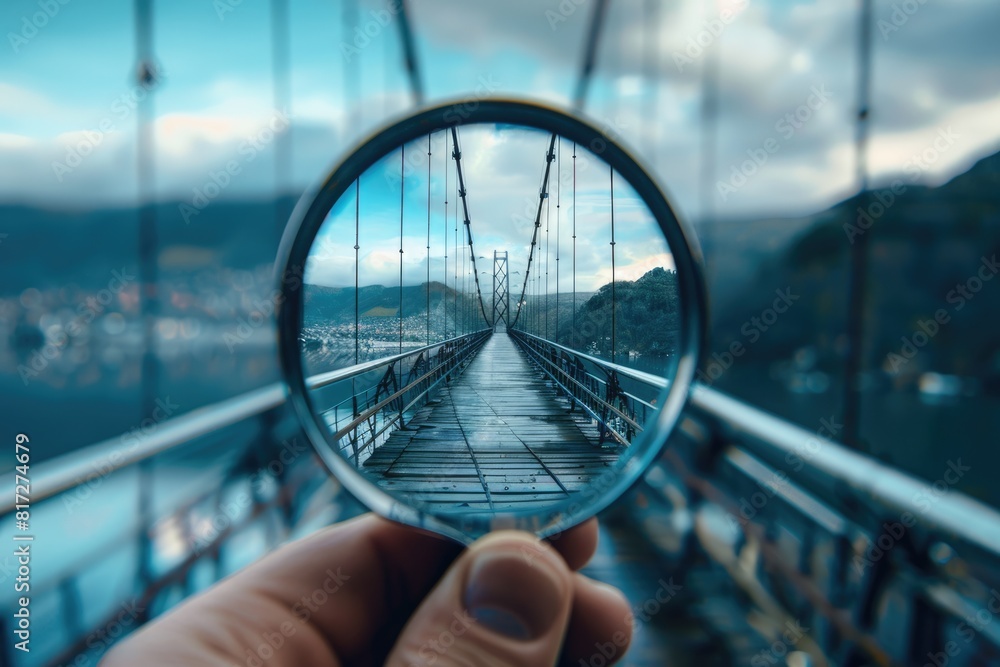 Looking Glass. The Magnifying Lens Reflects a Map in a Sky Bridge ...