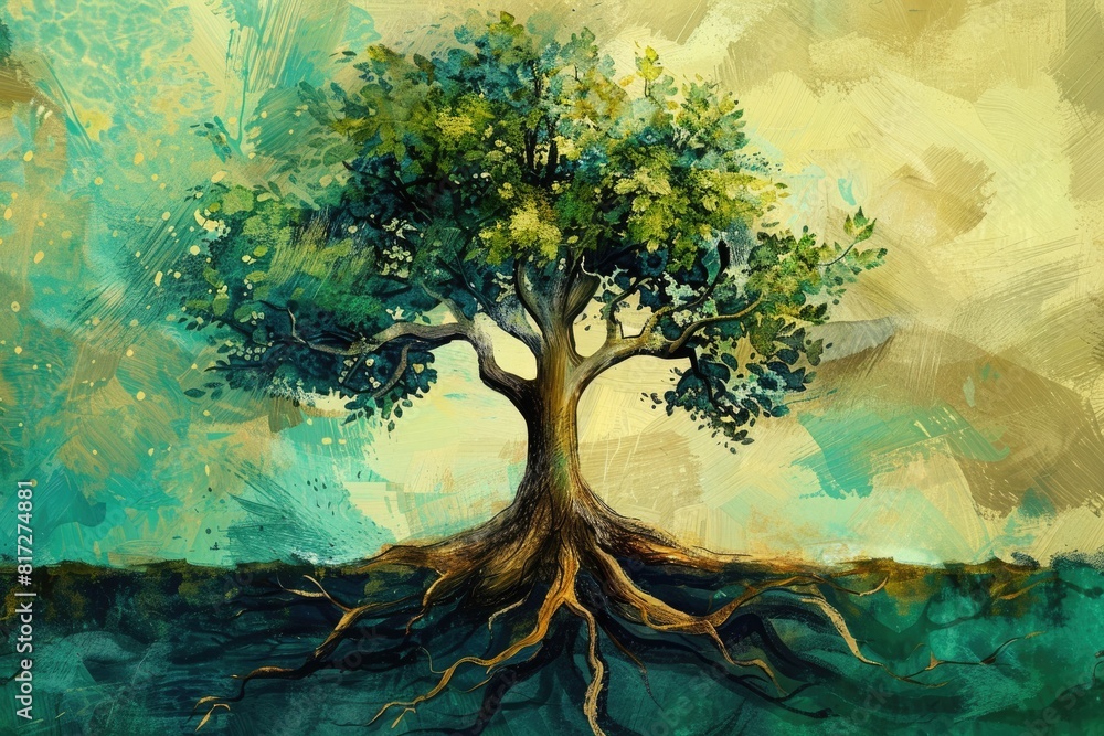 Life Illustration. Tree of Life Painting with Roots Symbolizing Nature ...
