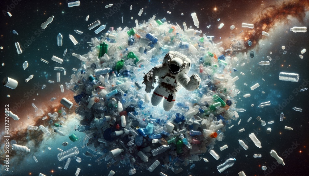 An astronaut is floating in space, surrounded by a huge pile of trash ...