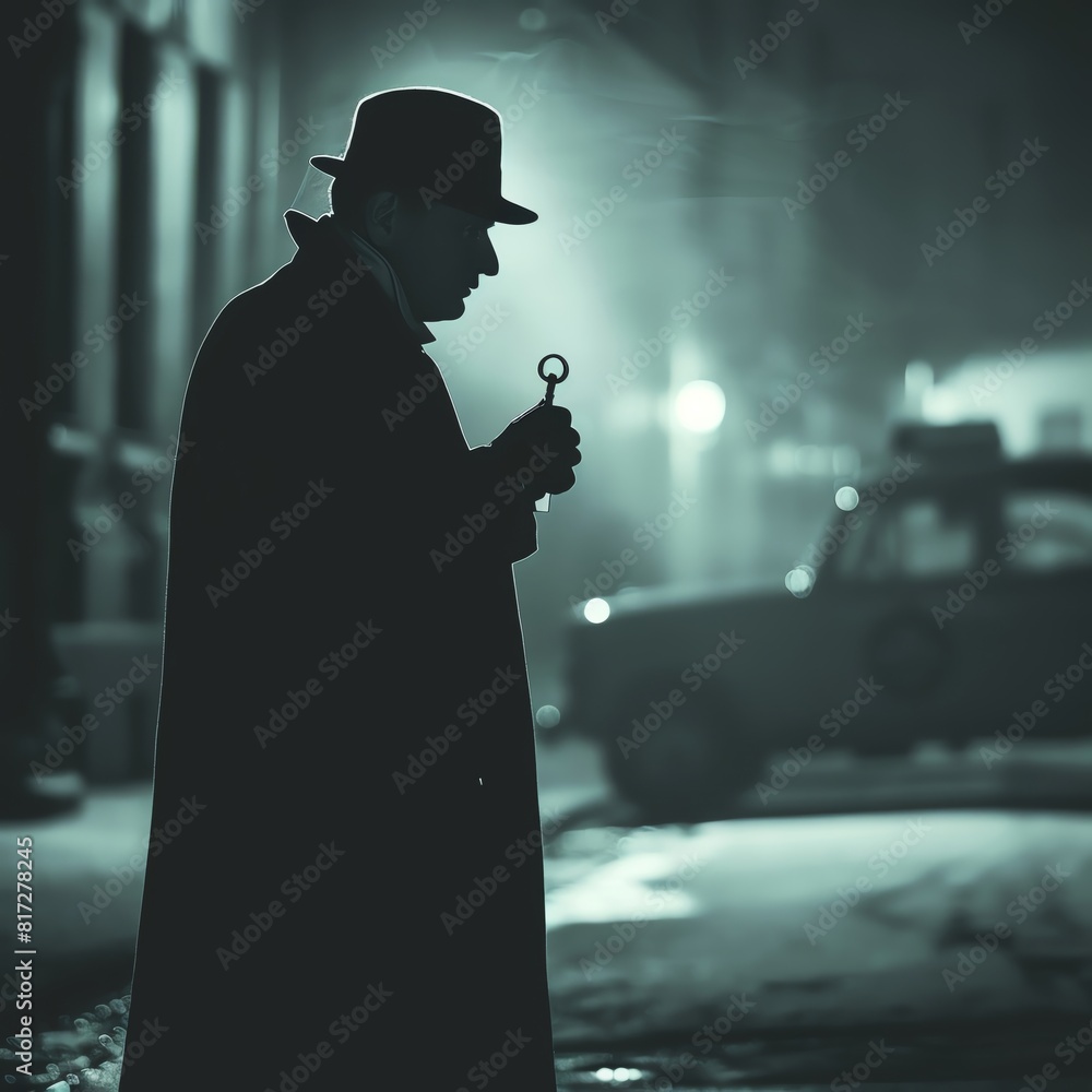 A detective holding a mysterious key at a crime scene, side view, clue ...