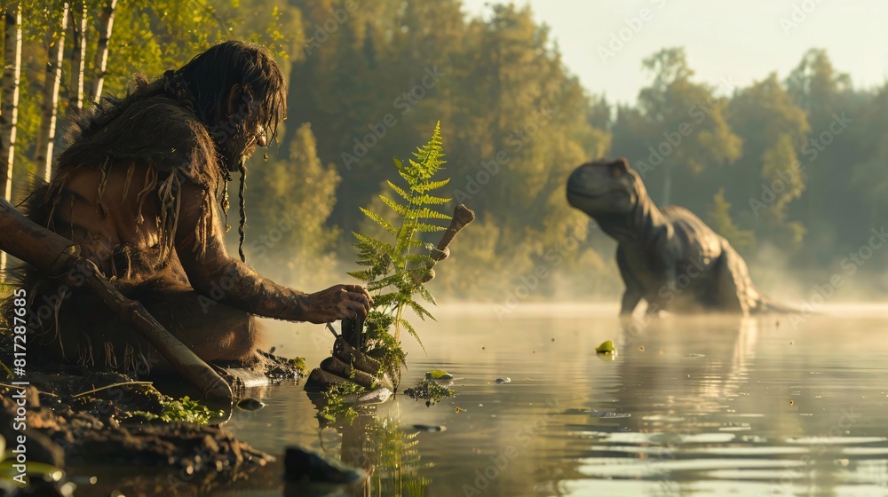 In a prehistoric landscape, a primitive human using natural herb ...