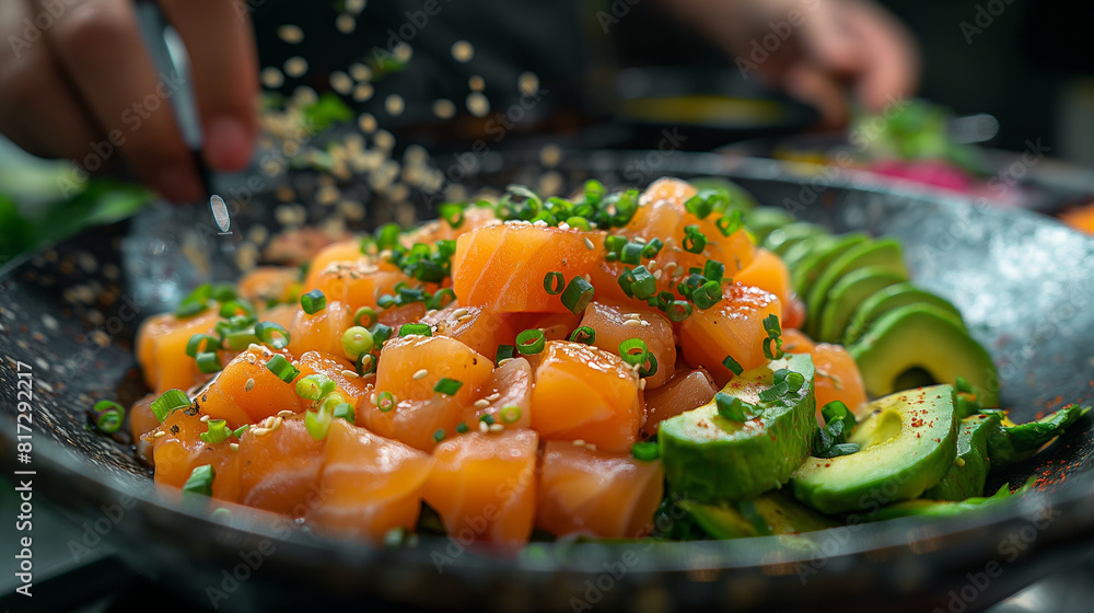 An artistic representation of a chef plating a vibrant poke bowl, with ...