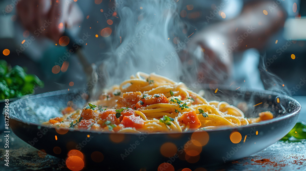A visually rich composition featuring a chef tossing whole grain pasta ...