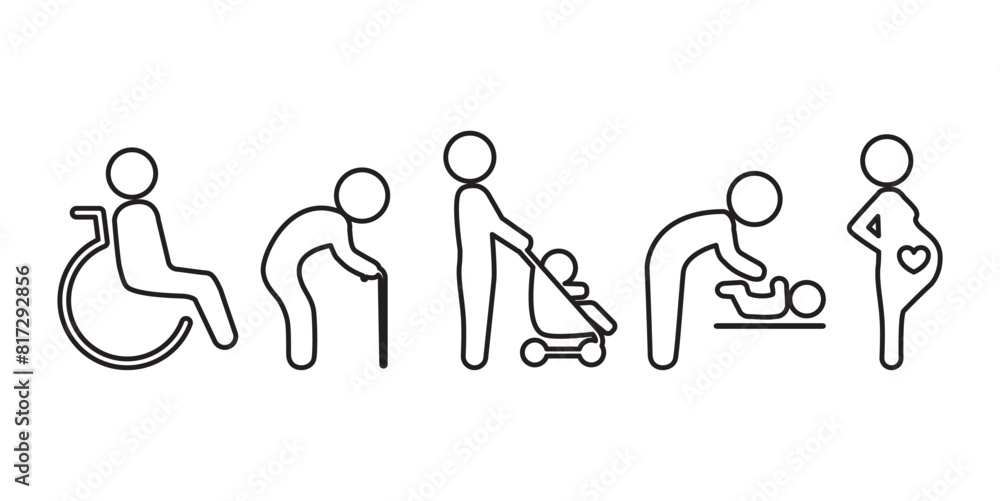 Simple line icon set of Priority Seat, Human signs. Priority symbols ...