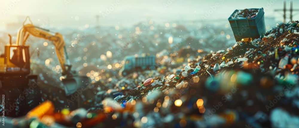 Close up of a futuristic landfill site, robots sorting and recycling ...