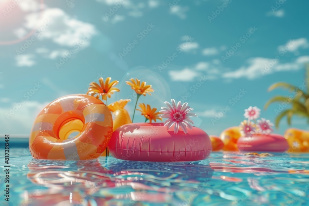 Inflatable pool toys in a vibrant pool. Summer and pool party concept ...