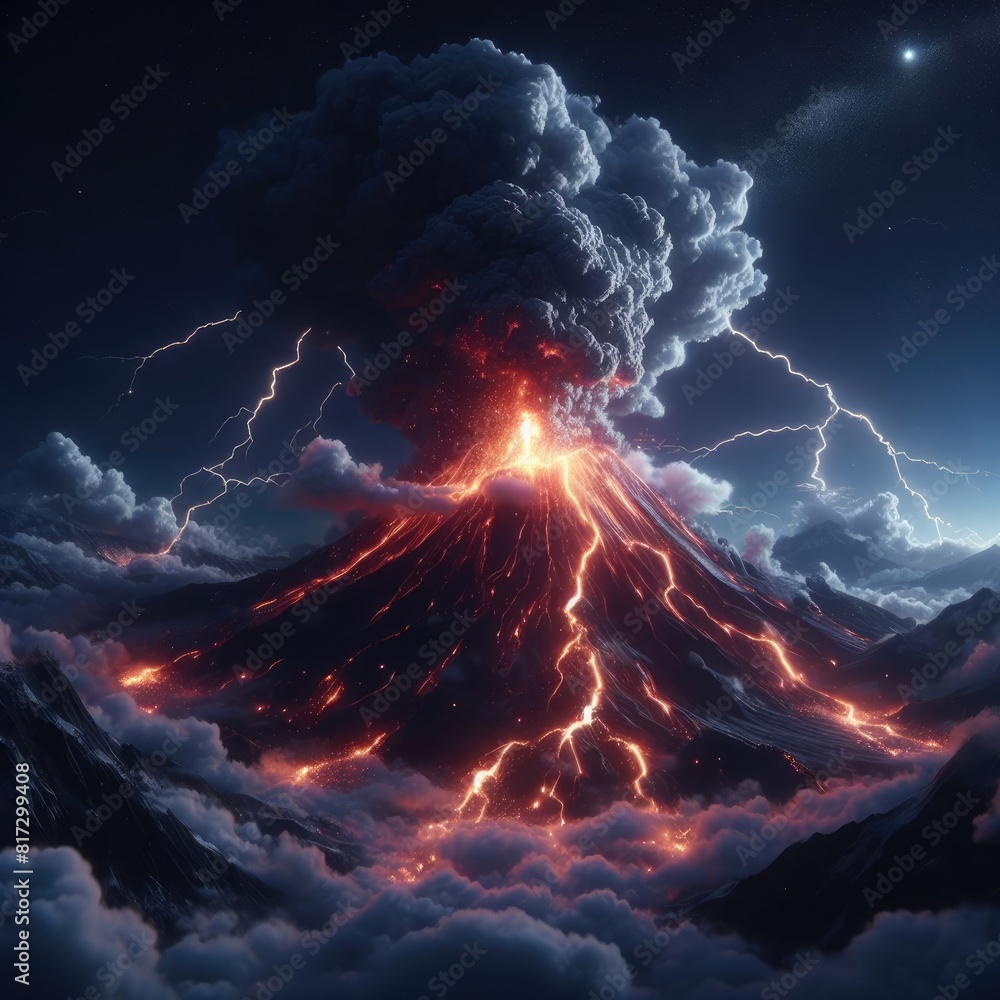3D rendering AI illustration Volcano Eruption with lava and storm ...