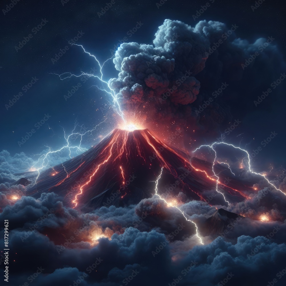 3D rendering AI illustration Volcano Eruption with lava and storm ...