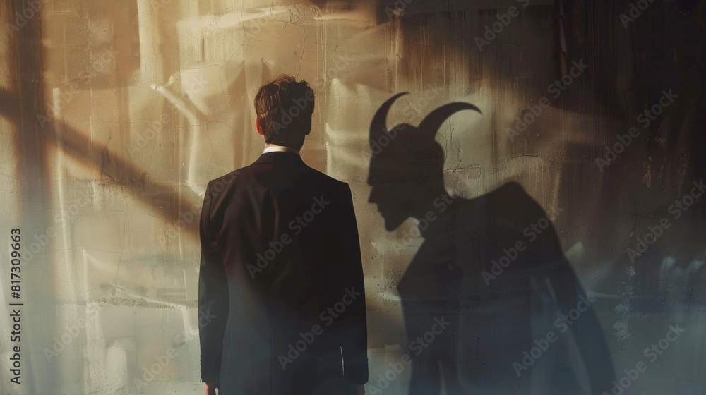 Businessman looks at his shadow on the wall, where the outline of a ...