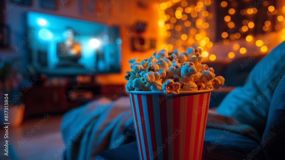 home entertainment setup, a popcorn bucket is on the side table in the ...