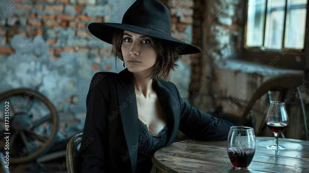 Woman in the style of a mafia boss with a black hat is sitting ...