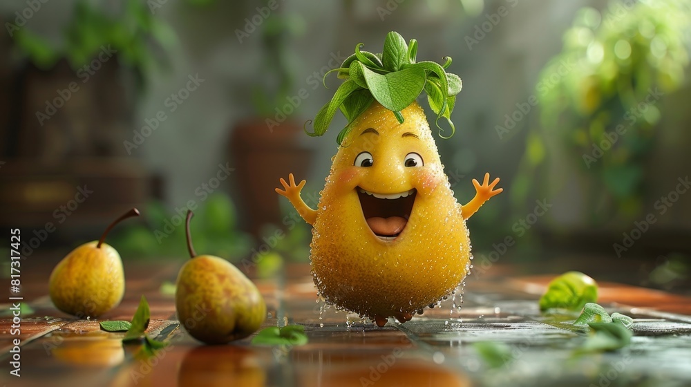 animated fruit character, the lively pear cartoon character happily ...