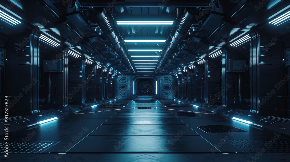 Dark spaceship interior background, inside modern room or hallway ...