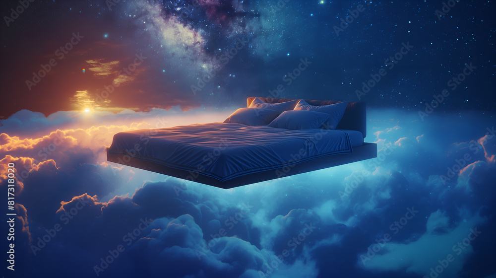 Bed floating in space, fairy-tale dreams and lucid dreams, rest in bed ...