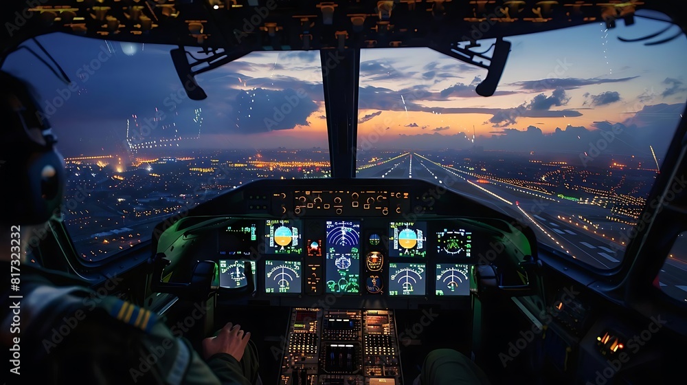 The cockpit of an aircraft with a beautiful view of the city at night ...