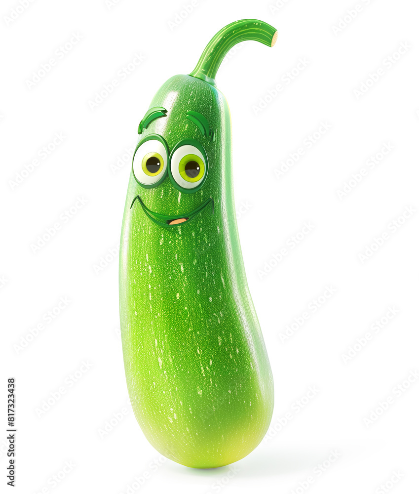 Cute cartoon zucchini with a smiling face and large eyes on a white ...