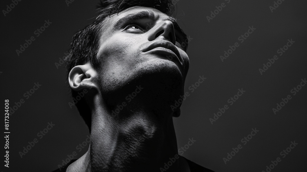 Profile of a man in dramatic lighting. The black and white image ...
