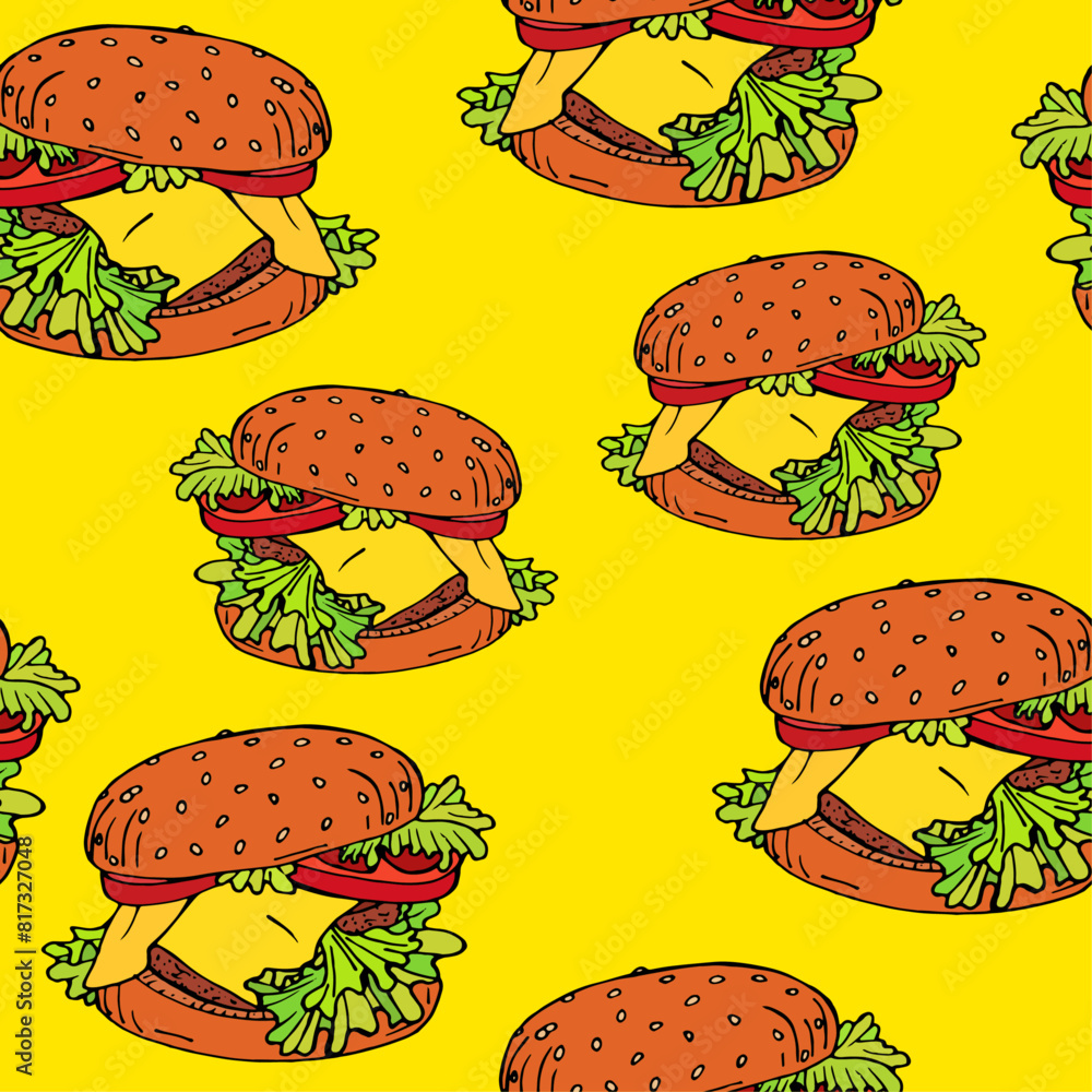 Seamless background with fast food, cheeseburgers. Delicious popular ...