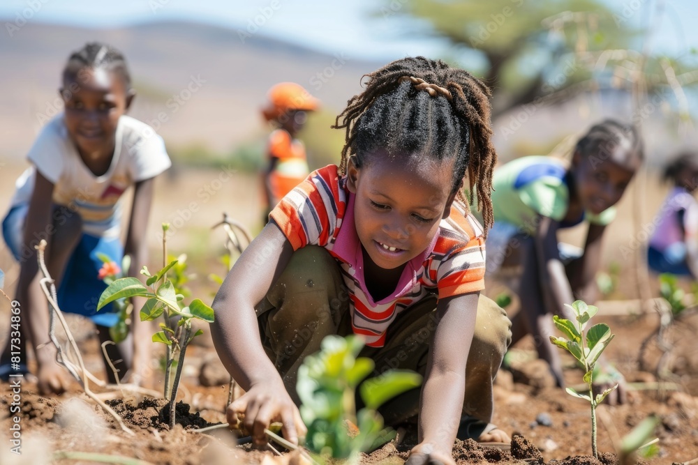 diverse group of kids planting trees at eco gardening class. School ...
