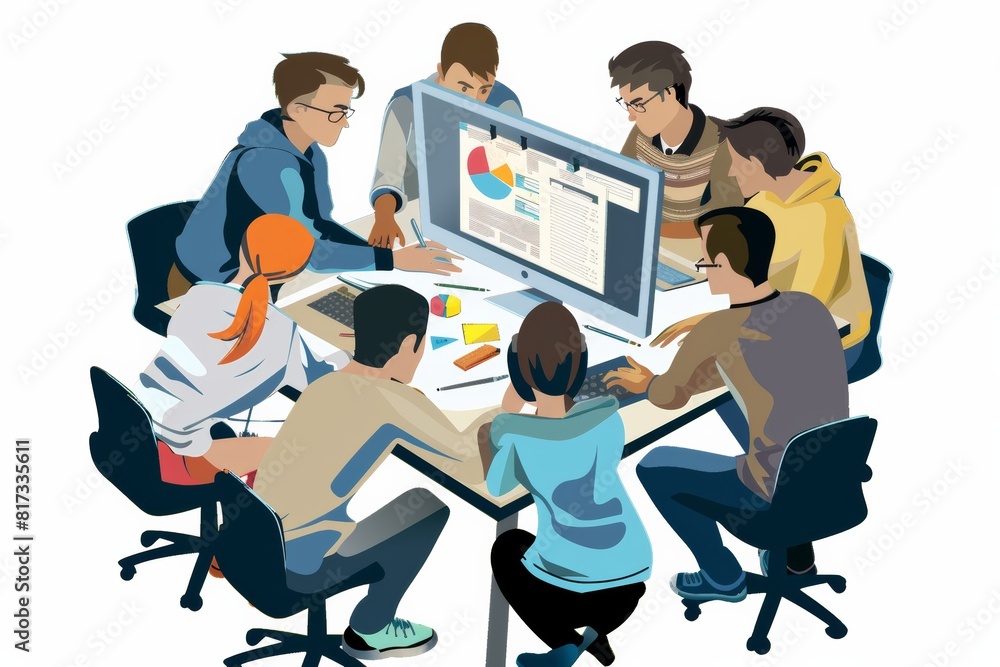 diverse project team people at office meeting in front of computer ...