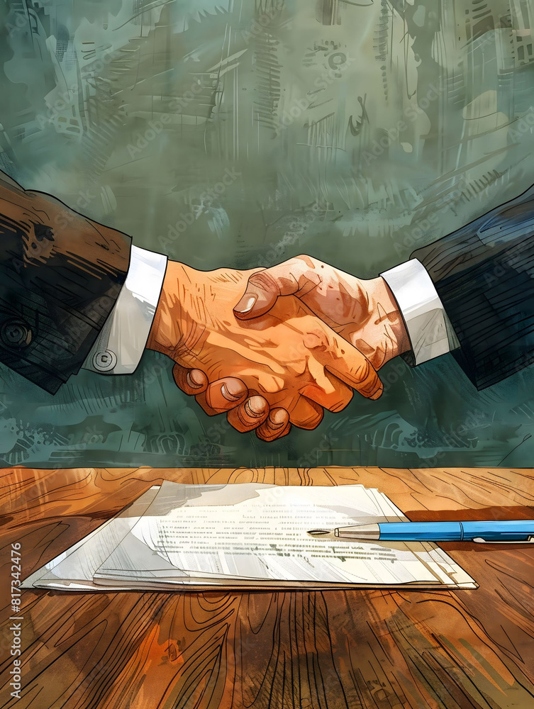 Illustrate a side view scene of a contract signing moment, showcasing ...