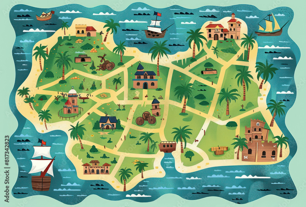 Cartoon Pirate Island Map Stock Illustration | Adobe Stock