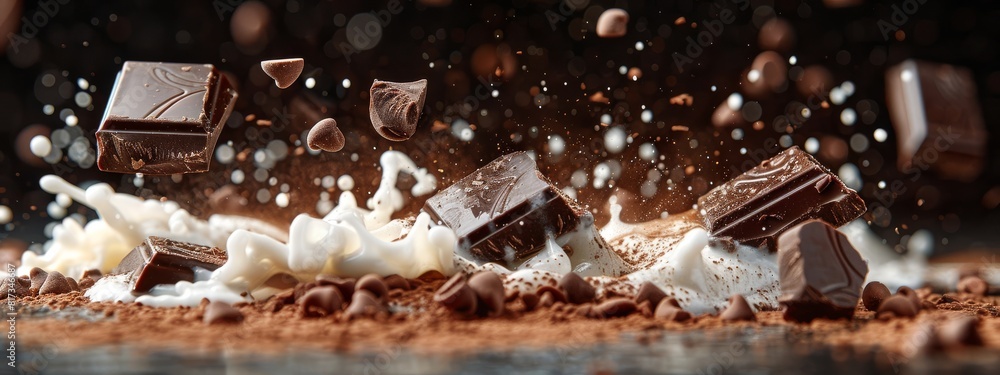 Dynamic chocolate explosion with flying pieces and cocoa powder Stock ...