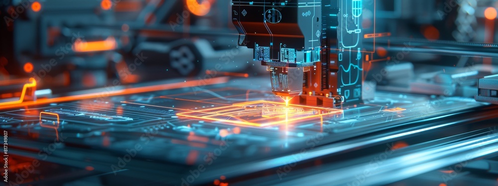 A detailed illustration of a 3D printer creating a complex object ...