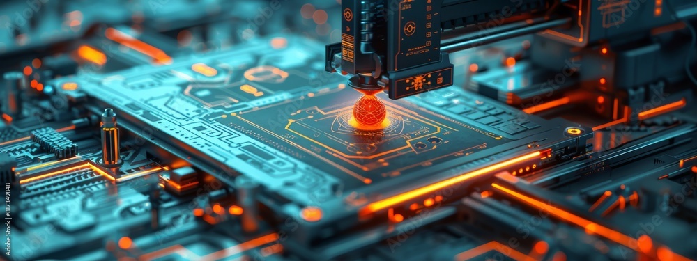 A detailed illustration of a 3D printer creating a complex object ...