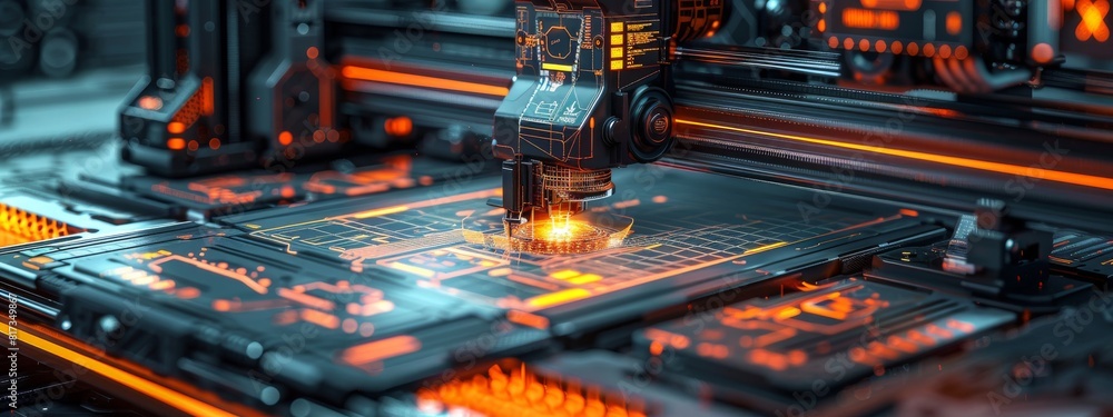 A detailed illustration of a 3D printer creating a complex object ...