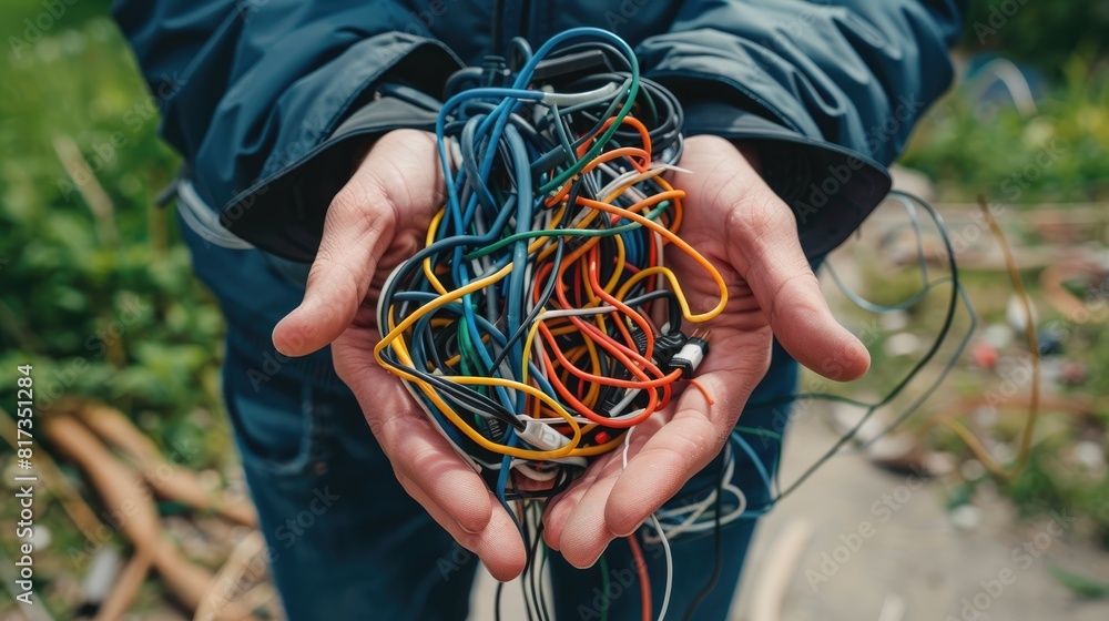 Teenager hands holding pile of tangled old smart technology wires, used ...