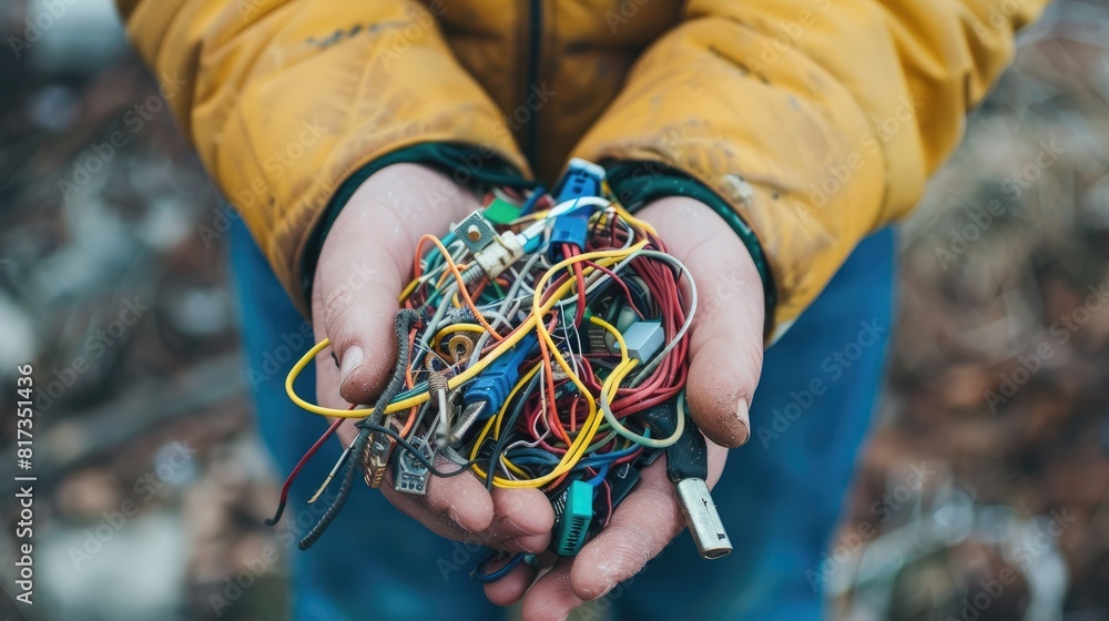 Teenager hands holding pile of tangled old smart technology wires, used ...